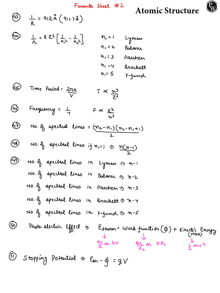 Atomic Structure - Formula Sheet 02 - Arjuna JEE 2025 | PDF ...