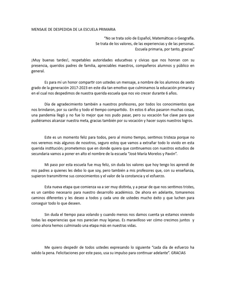 Mensaje de Despedida de La Escuela Primaria | PDF | Escuelas ...
