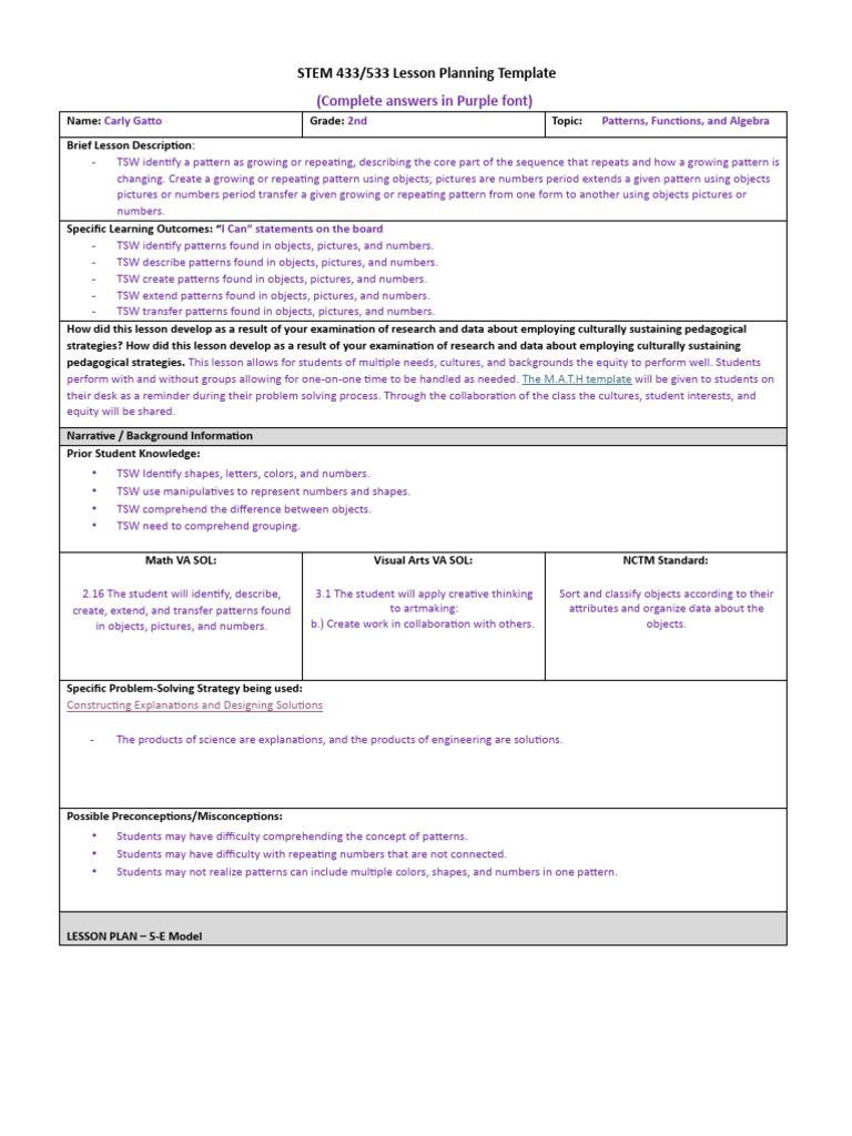 2nd Grade Patterns Lesson Plan Template | PDF | Cognitive Psychology ...