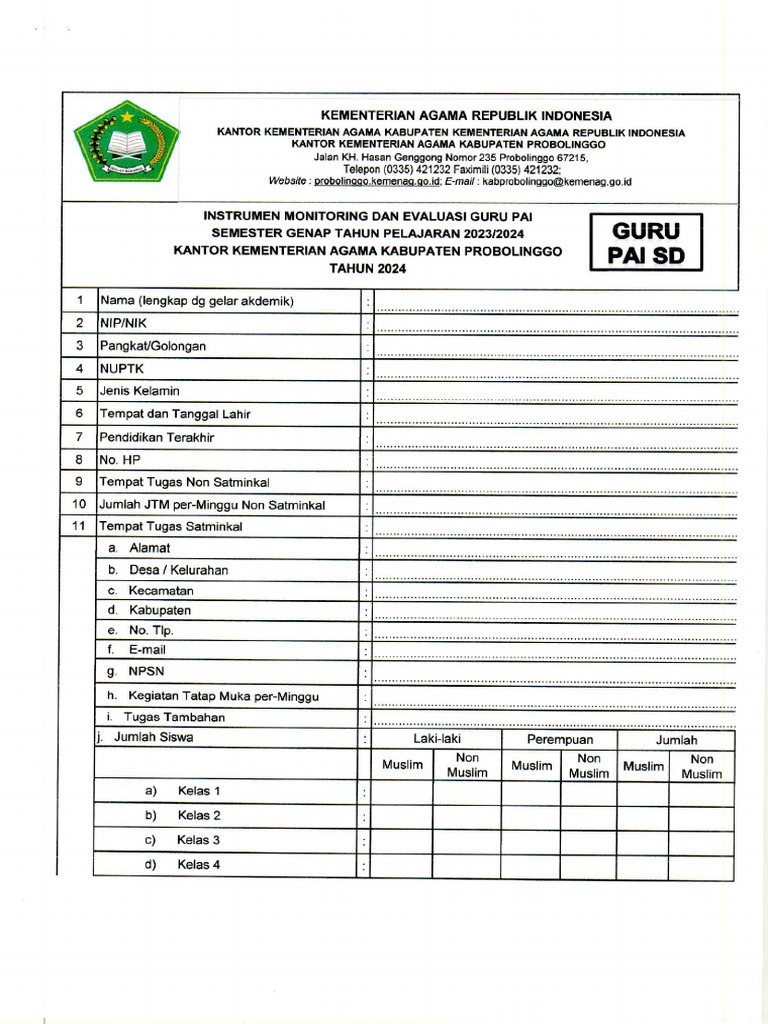 Instrument Monev Semester Genap 24 SD | PDF