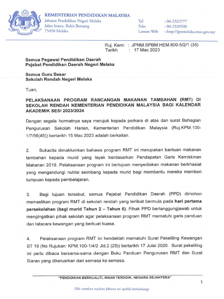 2023 Pelaksanaan Program RMT Di Sekolah Rendah Tahun 2023 | PDF