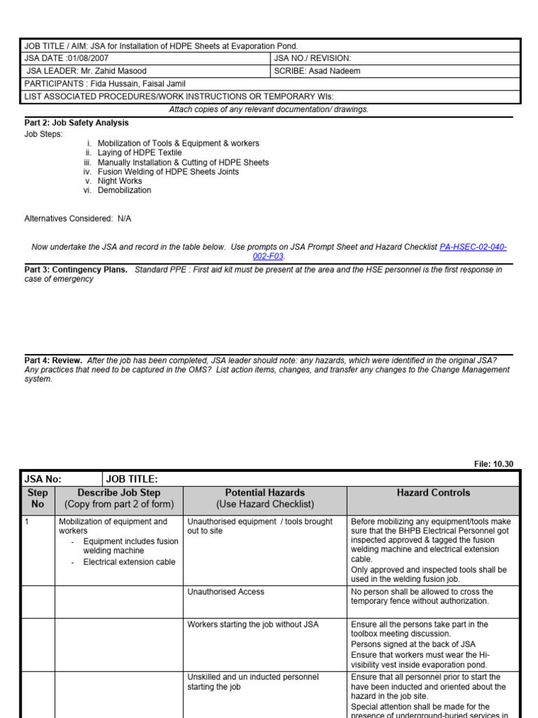 JSA For Instalation of HDPE Sheets | PDF | Occupational Safety And ...