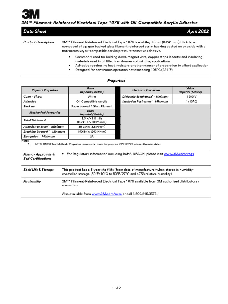 3M 1076 filament tape | PDF | Adhesive | Materials Science