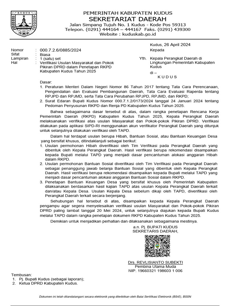Surat Sekda Verifikasi Usulan Masyarakat Dan Pokok Pikiran DPRD Dalam Penetapan RKPD Kabupaten ...