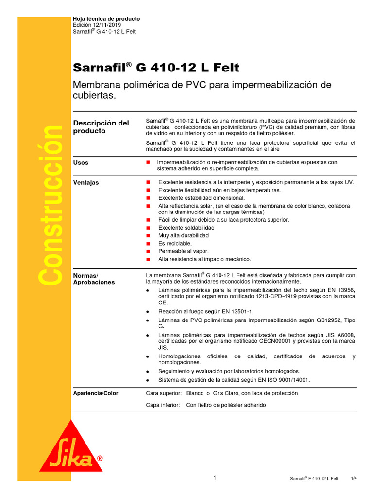 Sika Sarnafil G410 12 Felt | PDF | Soldadura | Construcción