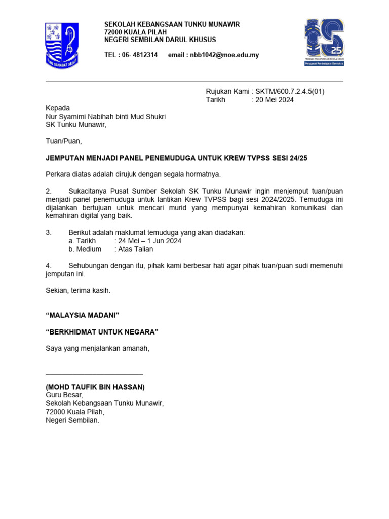 Surat Jemputan Sebagai Panel Penemuduga Krew TVPSS | PDF