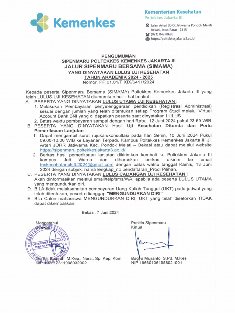 Final Pengumuman Hasil Uji Kesehatan Simama 7 Juni 2024 | PDF