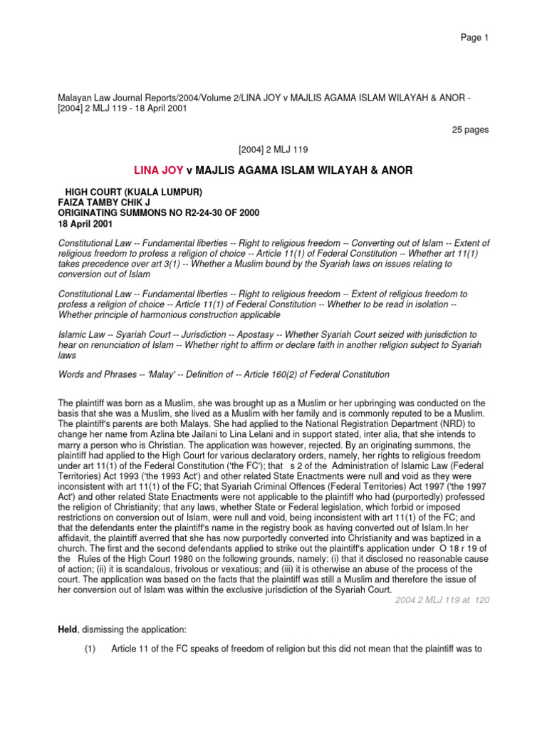 LINA JOY V MAJLIS AGAMA ISLAM WILAYAH ANOR | PDF | Sharia | Malaysia