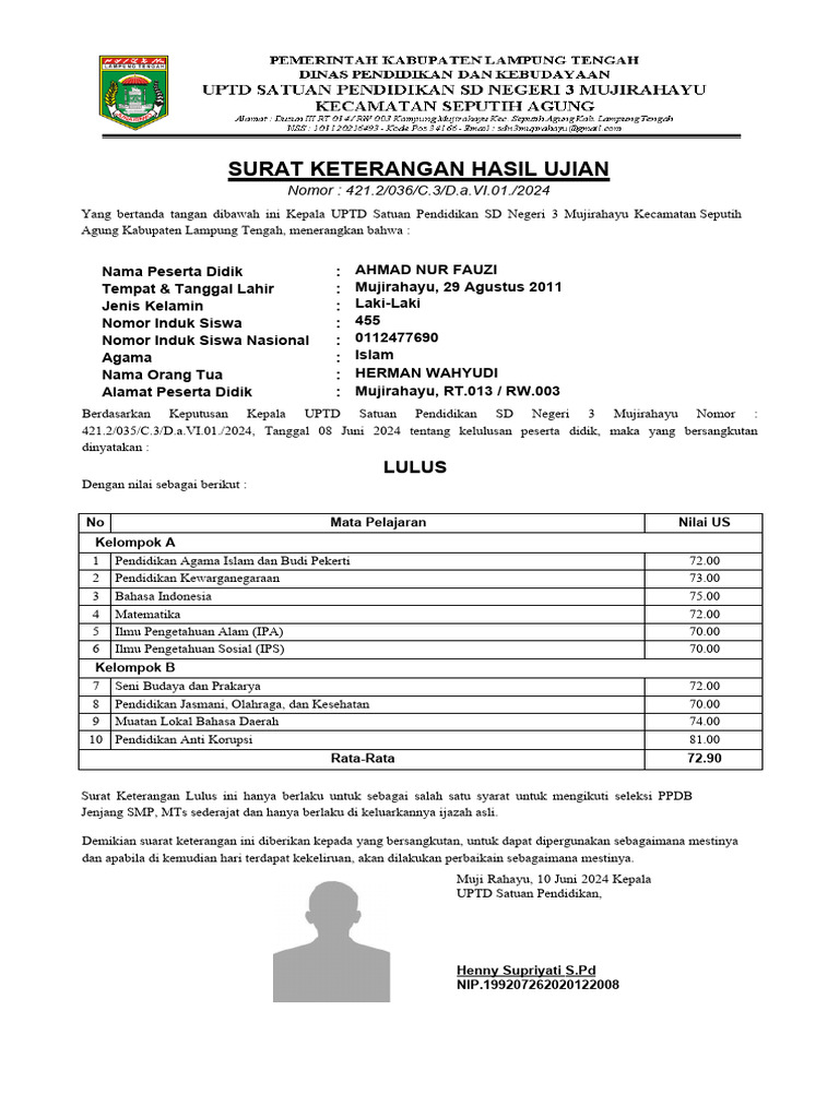 Surat Keterangan Lulus SD 2024 | PDF