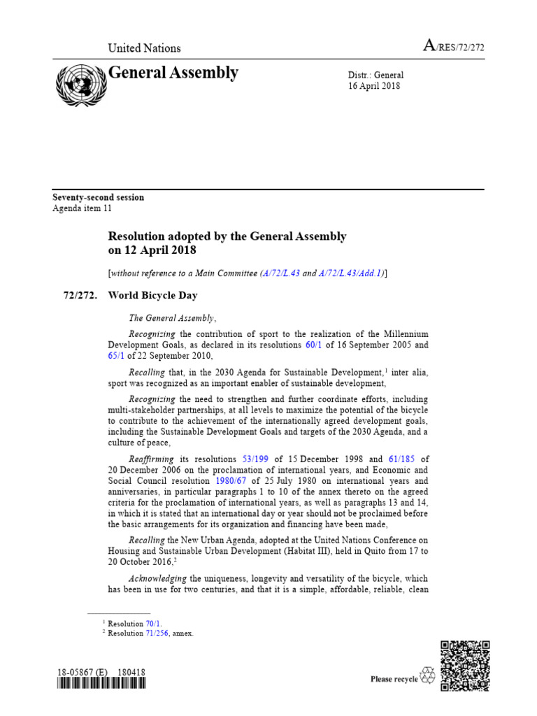 UN Resolution World Bike Day - n1810650 | PDF | Sustainability
