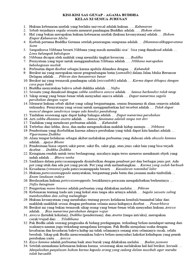 Kisi-Kisi Sas Agama Buddha Kelas Xi | PDF