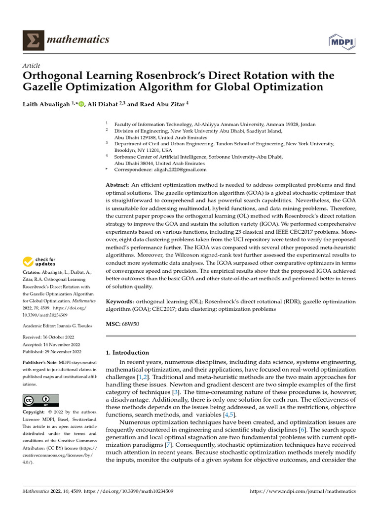 Orthogonal Learning Rosenbrocks Direct Rotation W Pdf Mathematical Optimization Metaheuristic