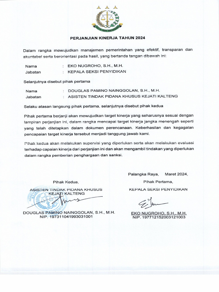 Perjanjian Kinerja Tahun 2024 - Eselon IV Pidsus | PDF