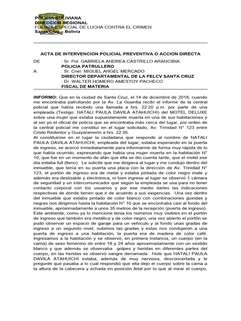 Acta de Intervencion Policial Preventiva o Accion Directa | Descargar gratis PDF | Bolivia | Policía