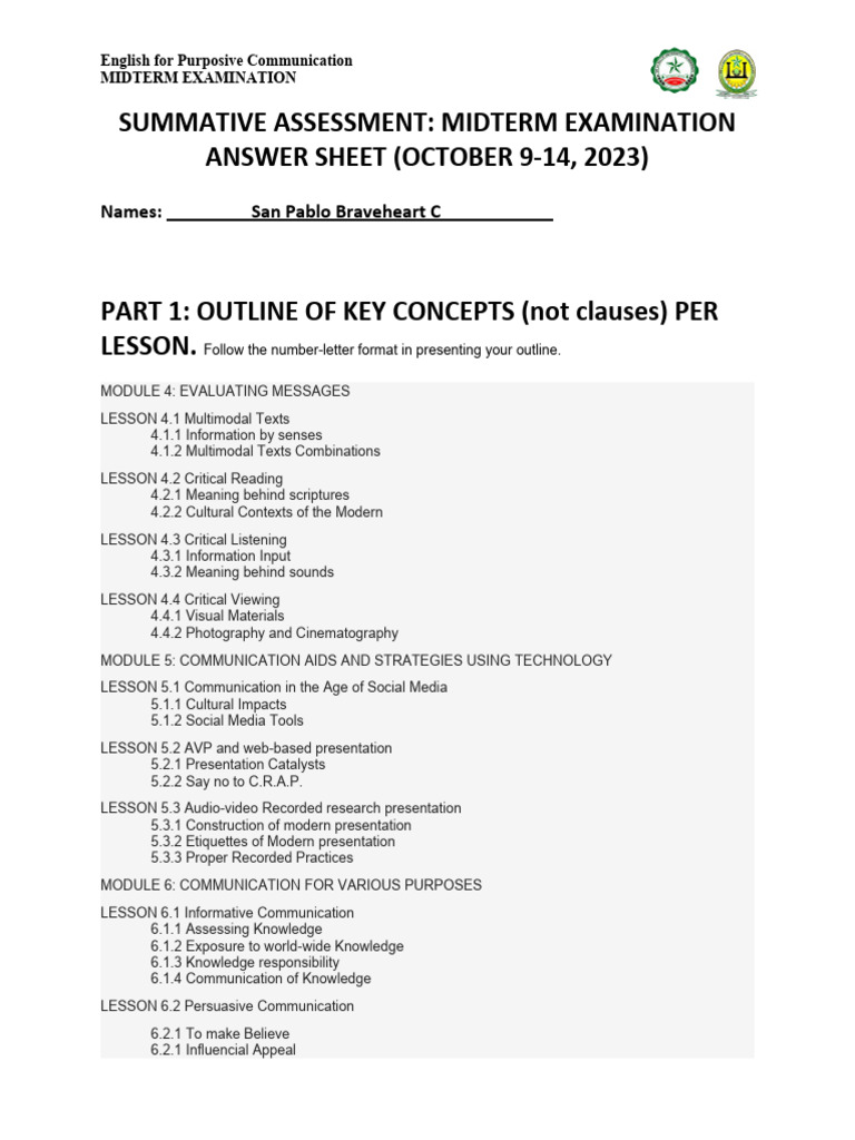 Summative Assessment Midterm Examination | PDF | Art