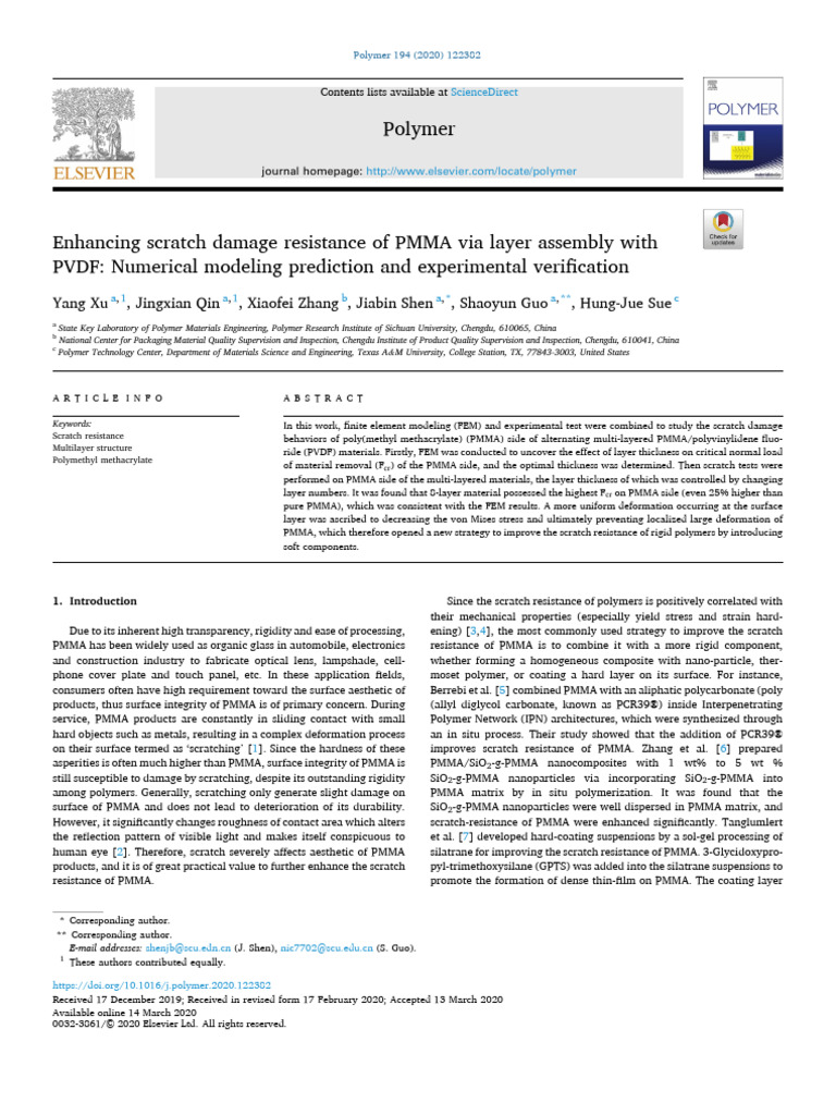 Enhancing Scratch Damage Resistance of PMMA Via Layer Assembly With PVDF Numerical Modeling ...