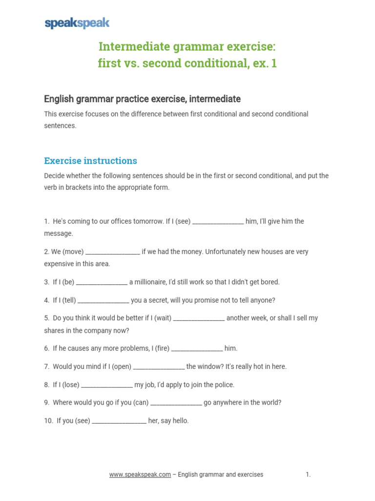 Handout Exercise Inter First Conditional Vs Second Conditional Ex1 | PDF | Language Arts ...