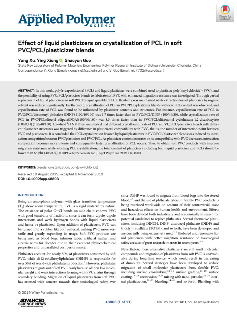 Effect of liquid plasticizers on crystallization of PCL in soft PVC PCL plasticizer blends | PDF ...