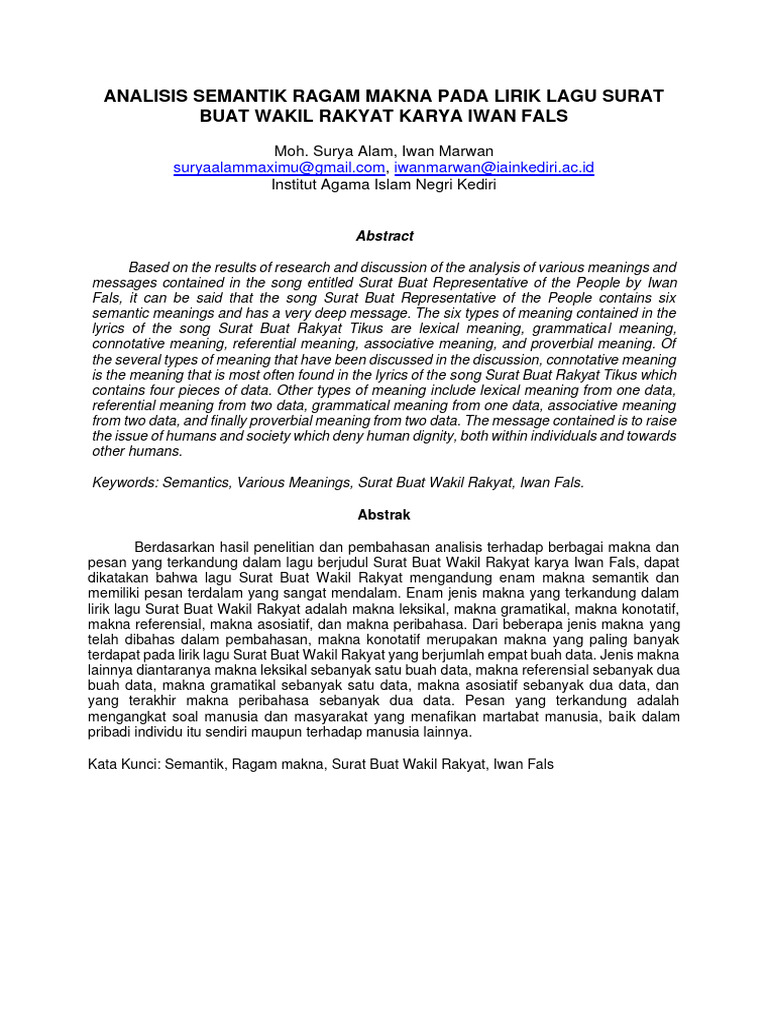 Analisis Semantik Ragam Makna Pada Lirik Lagu Surat Buat Wakil Rakyat Karya Iwan Fals | PDF