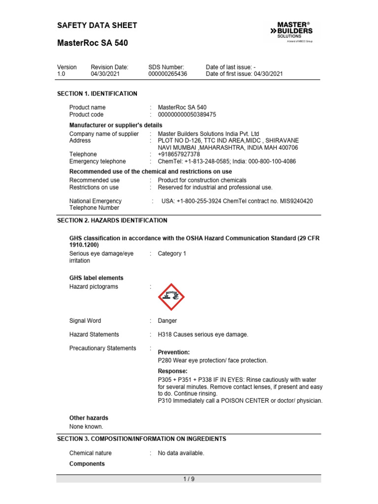 MSDS Masterroc SA 540 | PDF | Toxicity | Safety