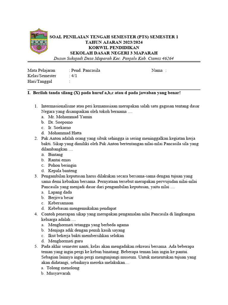 Soal Pts Pend. Pancasila Sem 1 | PDF
