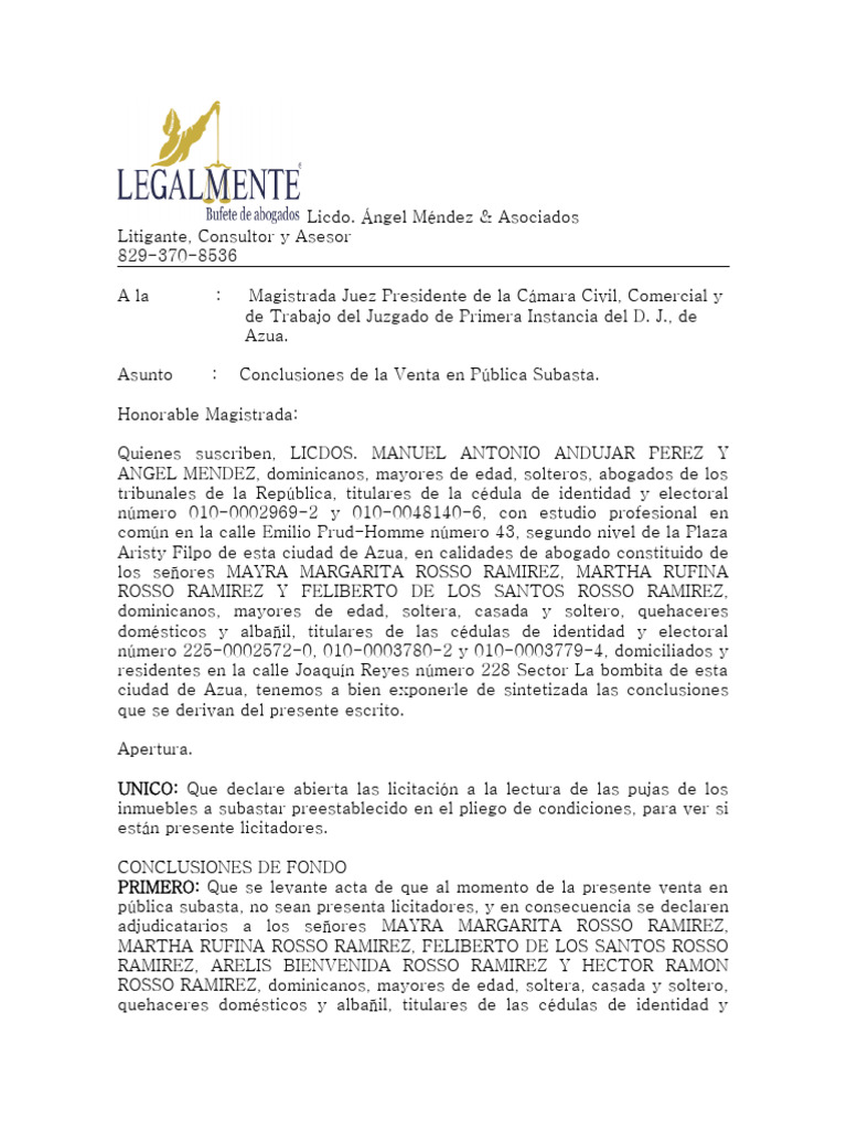 Conclusiones de Venta en Publica Subasta | Descargar gratis PDF | Gobierno