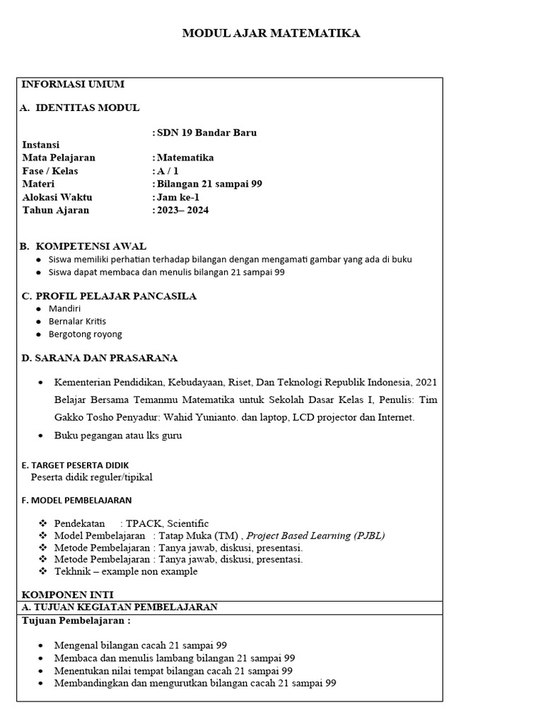 MODUL AJAR MATEMATIKA Sapiah PGSD | PDF