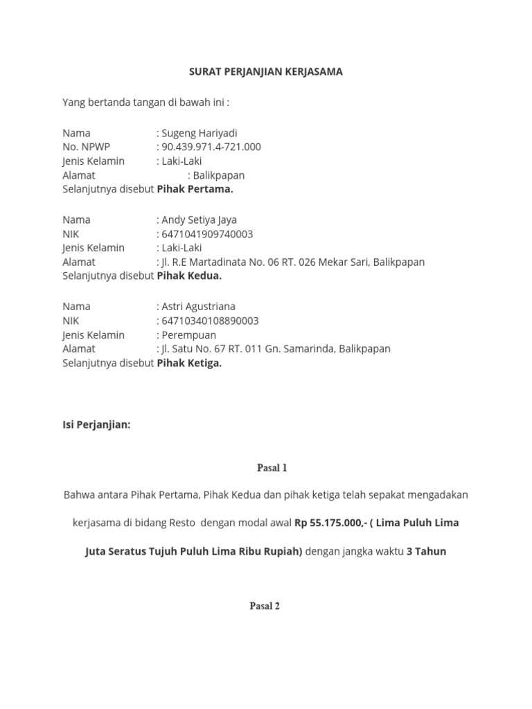 Contoh Surat Perjanjian Kerjasama | PDF
