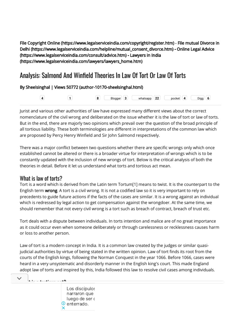 Analysis - Salmond and Winfield Theories in Law of Tort or Law of ...