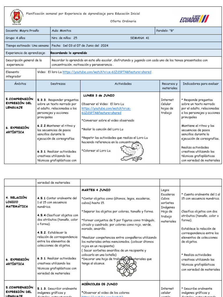Planificación Semanal para Educación Inicial | PDF | Color