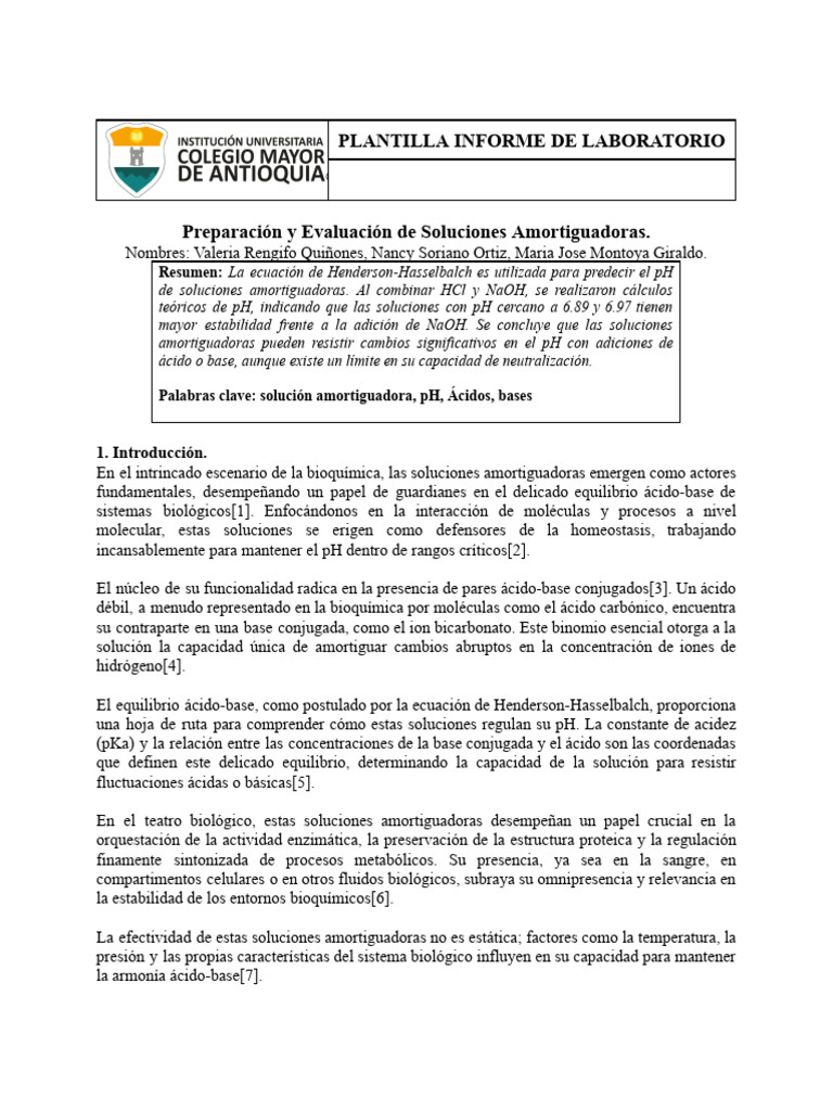 Informe de Soluciones Amortiguadoras | PDF | Solución tampón | Ácido