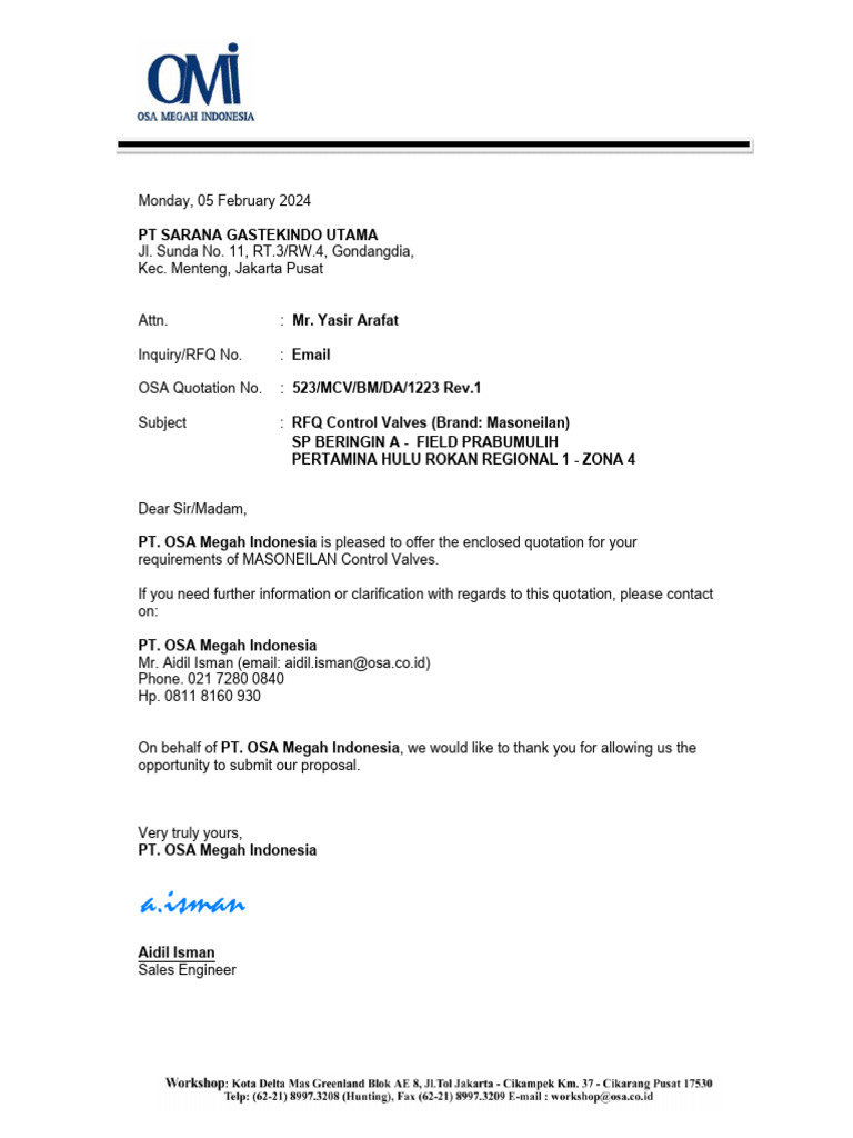 Quotation 523 MCV BM DA 1223 Rev.1 - Control Valve | PDF | Valve