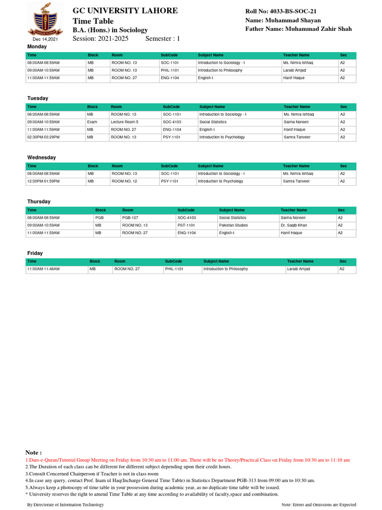 Aaaaaa Time Table 4033 BS SOC 21 | PDF | Liberal Arts Education