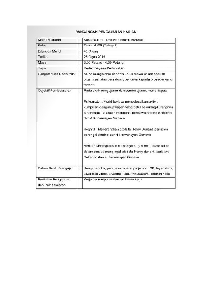 Contoh RPH Kokurikulum | PDF