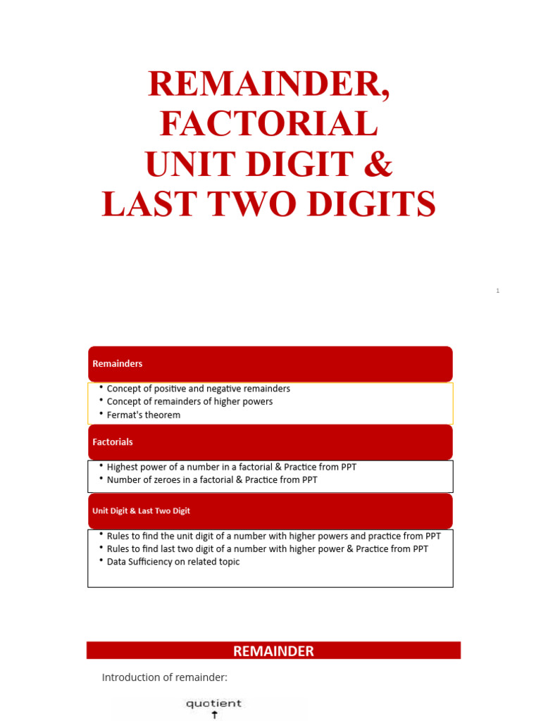Unit Digit, Last 2 Digit, FACTORIALand Remainders - TDY302 | PDF ...