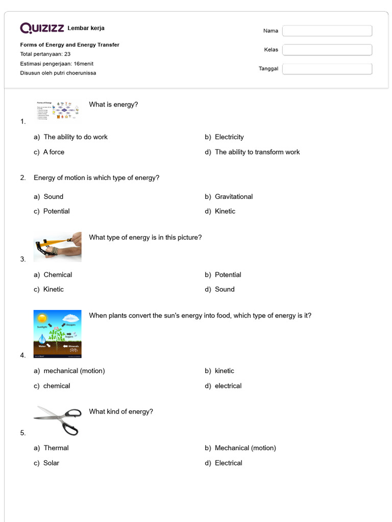 Energy Transfer and Transformations Quiz | PDF | Kinetic Energy | Quantity