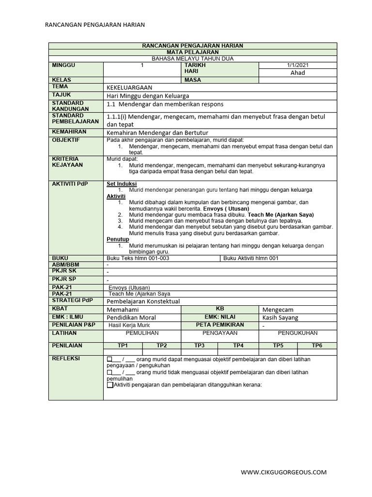 RPH BM 2 W1 | PDF | Karier & Perkembangan | Seni & Disiplin Bahasa
