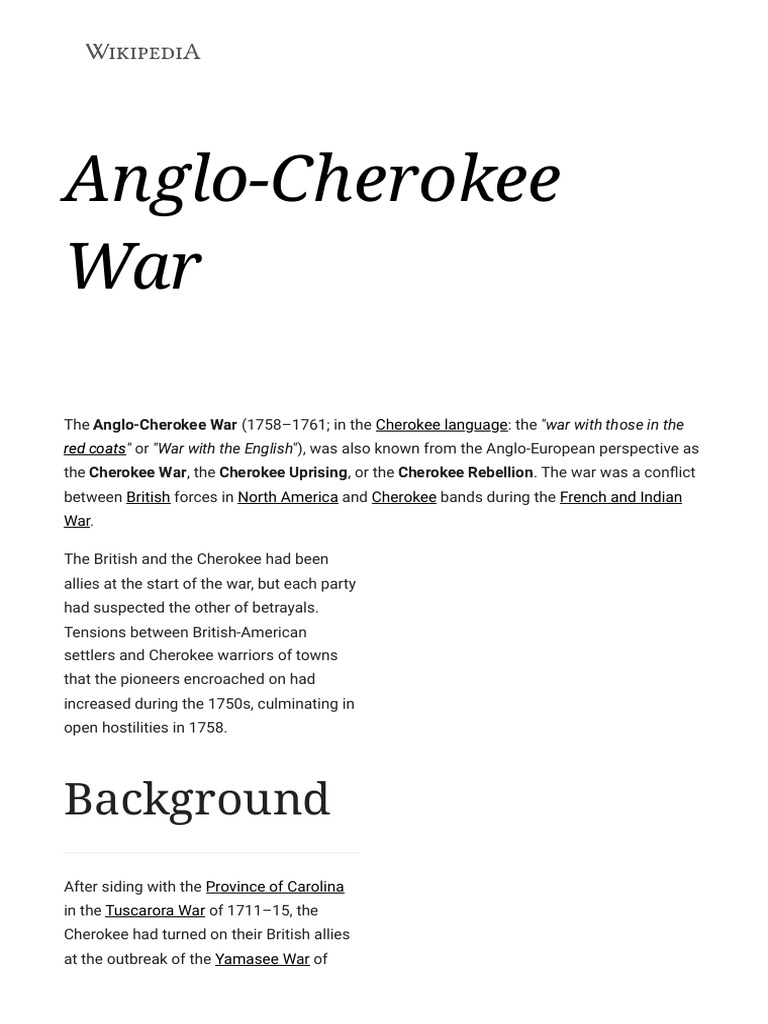 Anglo-Cherokee War - Wikipedia | PDF | Resistance To Colonialism ...
