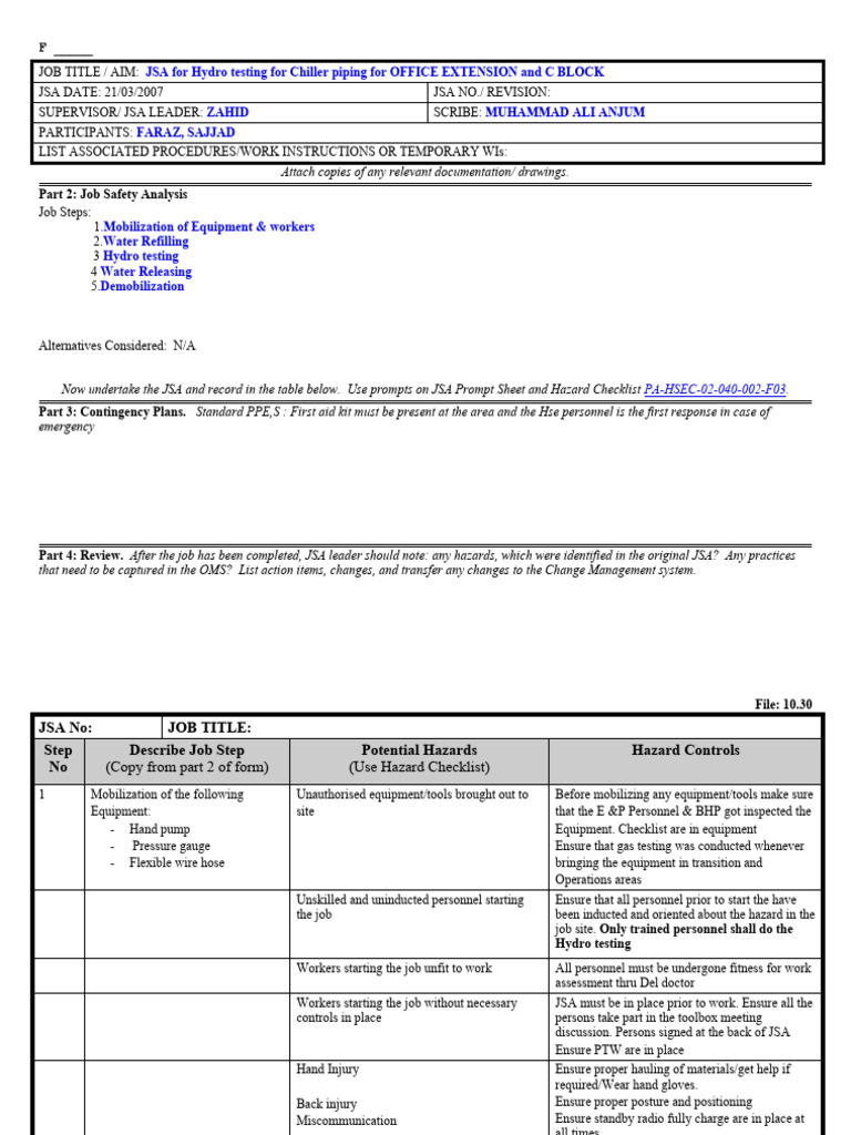 JSA for Hydrotesting | PDF | Occupational Safety And Health | Safety