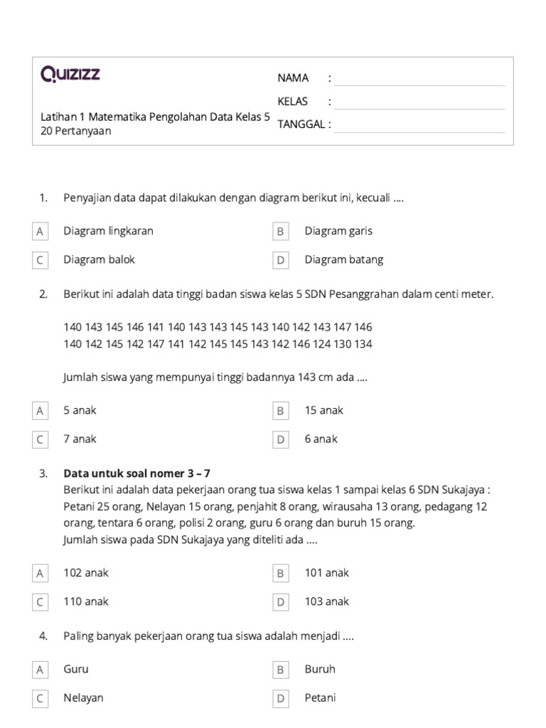 Latihan 1 Matematika Pengolahan Data Kelas 5 | PDF