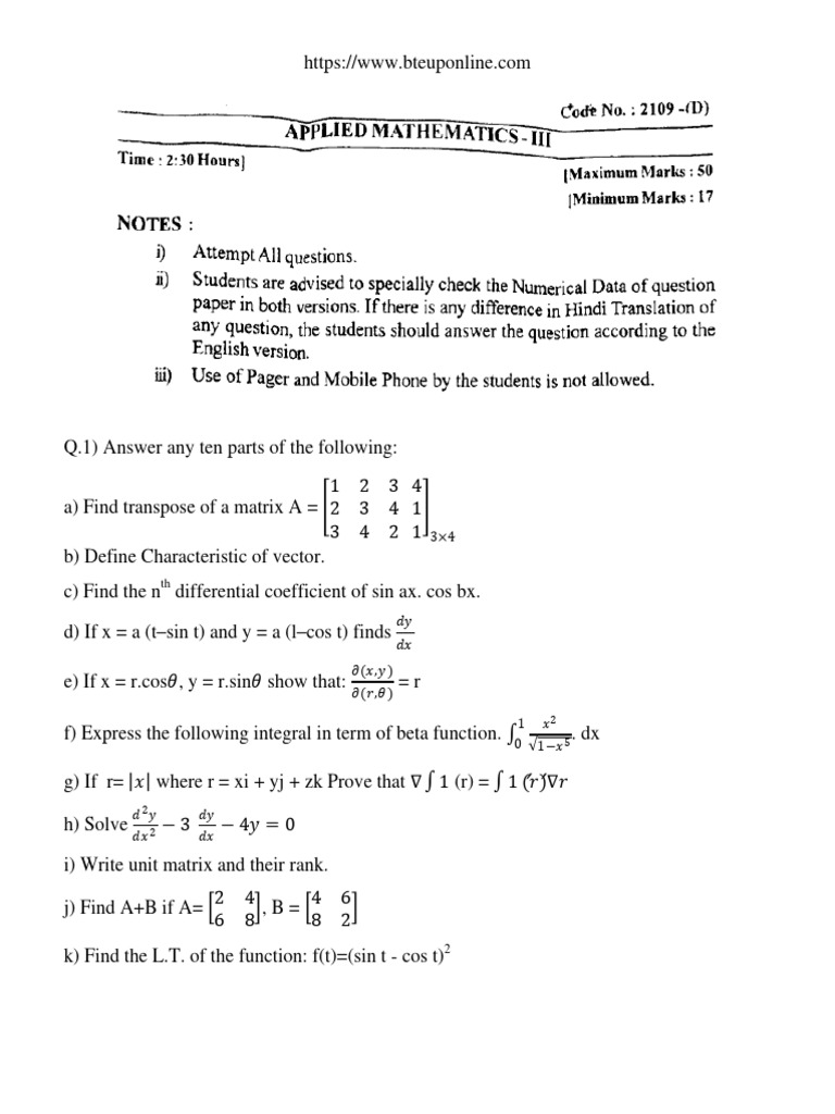 All 3 Sem Applied Mathematics 3 2109 D Dec 2019 | PDF
