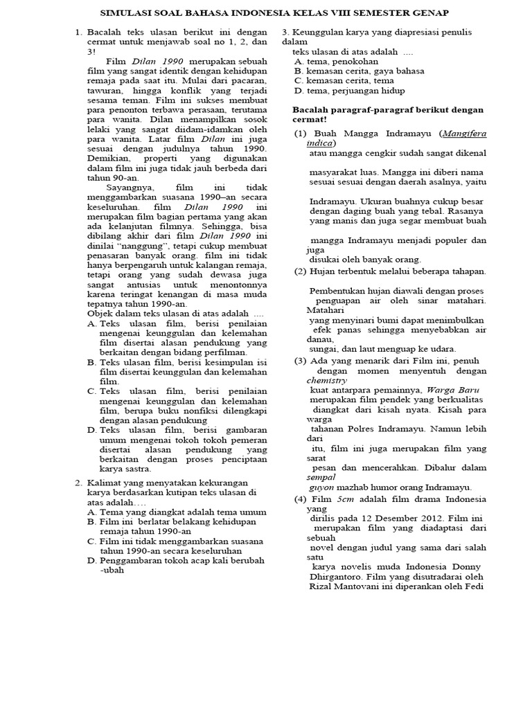 Simulasi Soal Bahasa Indonesia Kelas Viii Semester Genap | PDF | Fiksi Umum