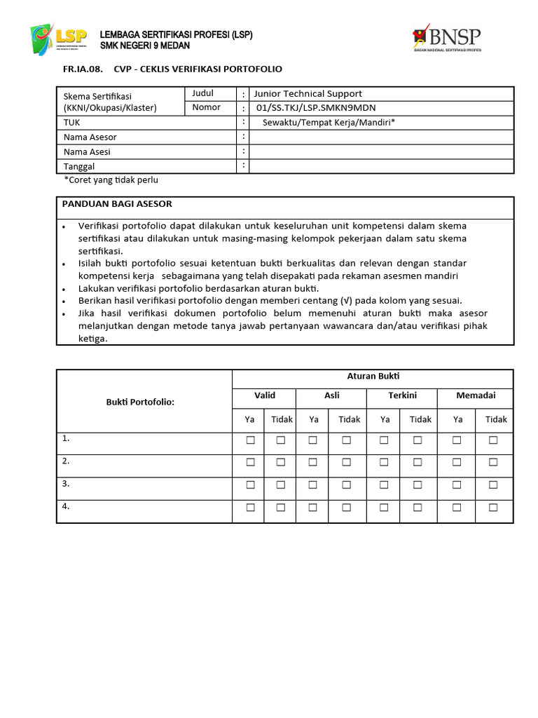 Ceklis Verifikasi Portofolio LSP SMK 9 | PDF | Karier & Perkembangan ...