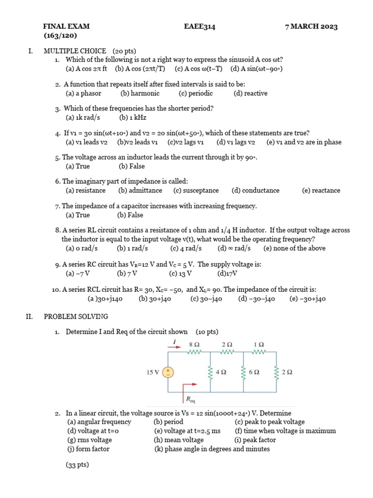 FINAL EXAM EAEE 314 | Download Free PDF | Electrical Impedance | Metrology