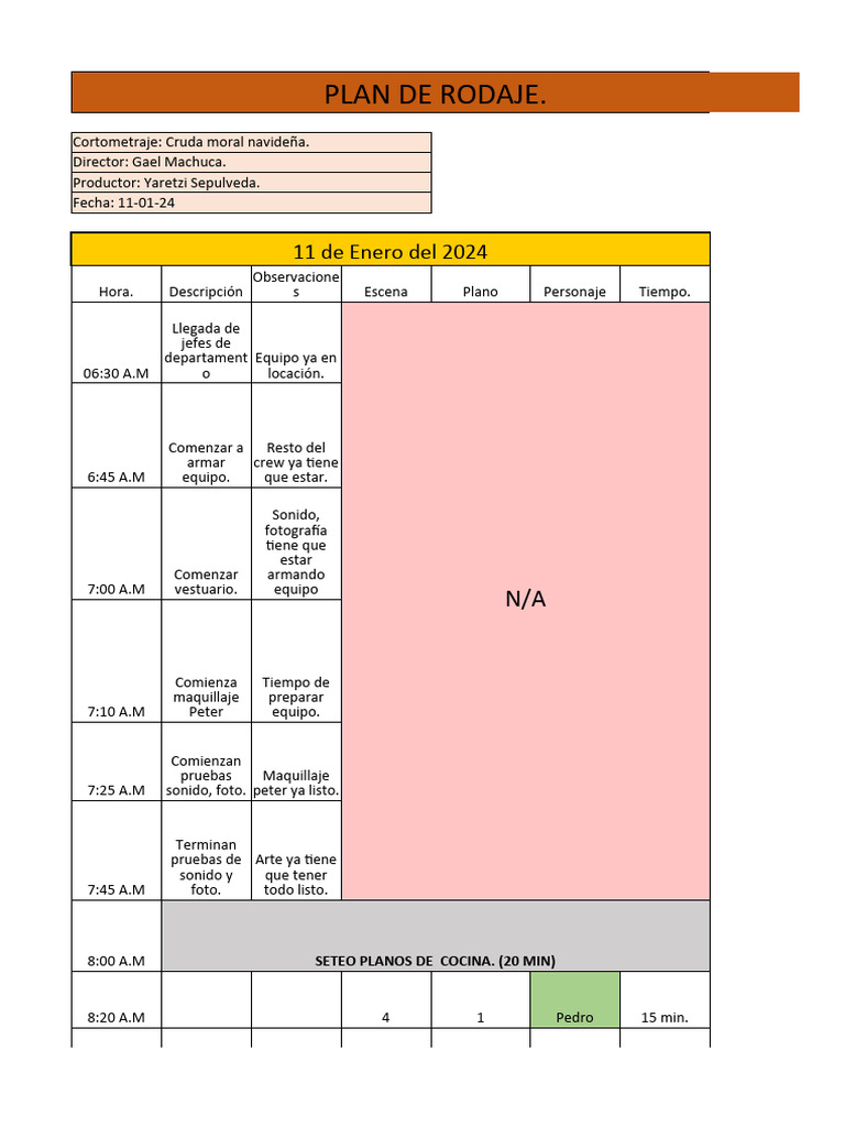 Plan Rodaje Plantilla | PDF