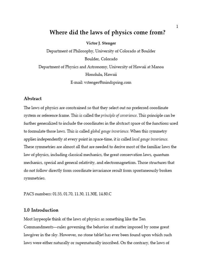 Where Did The Laws of Physics Come From?: Victor J. Stenger | PDF ...