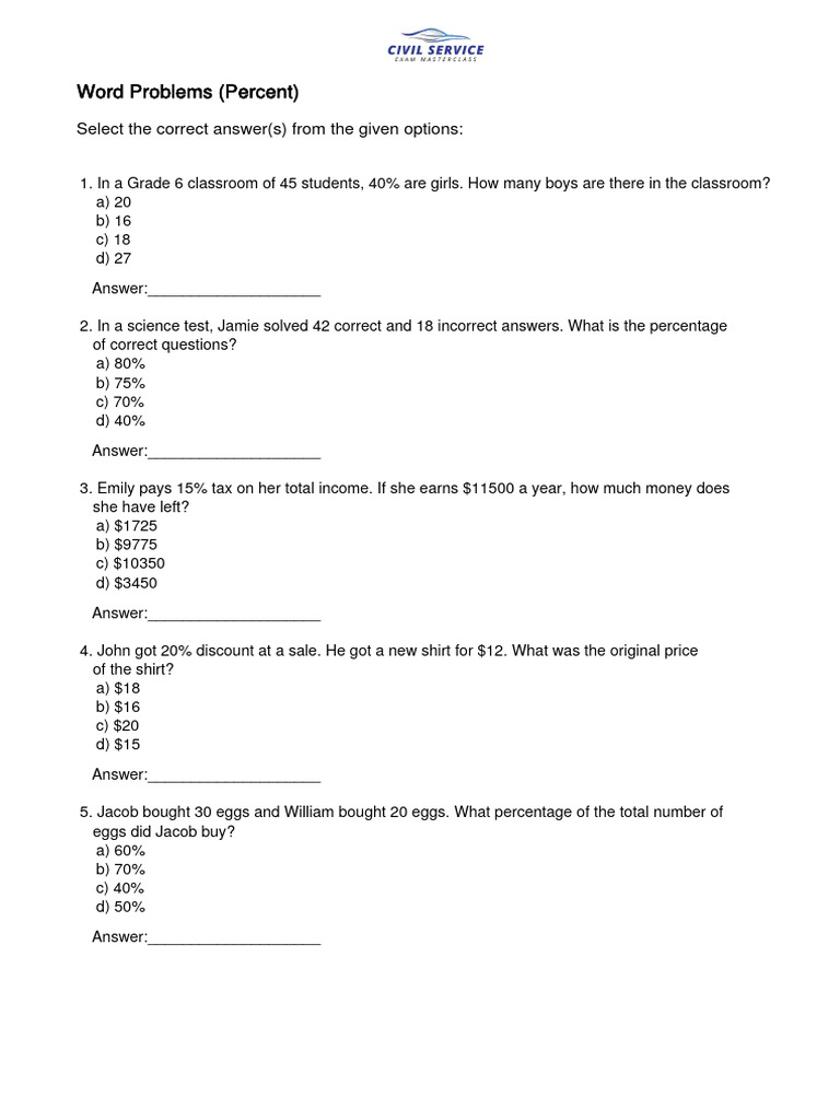 Math Word Problems - Percent | PDF
