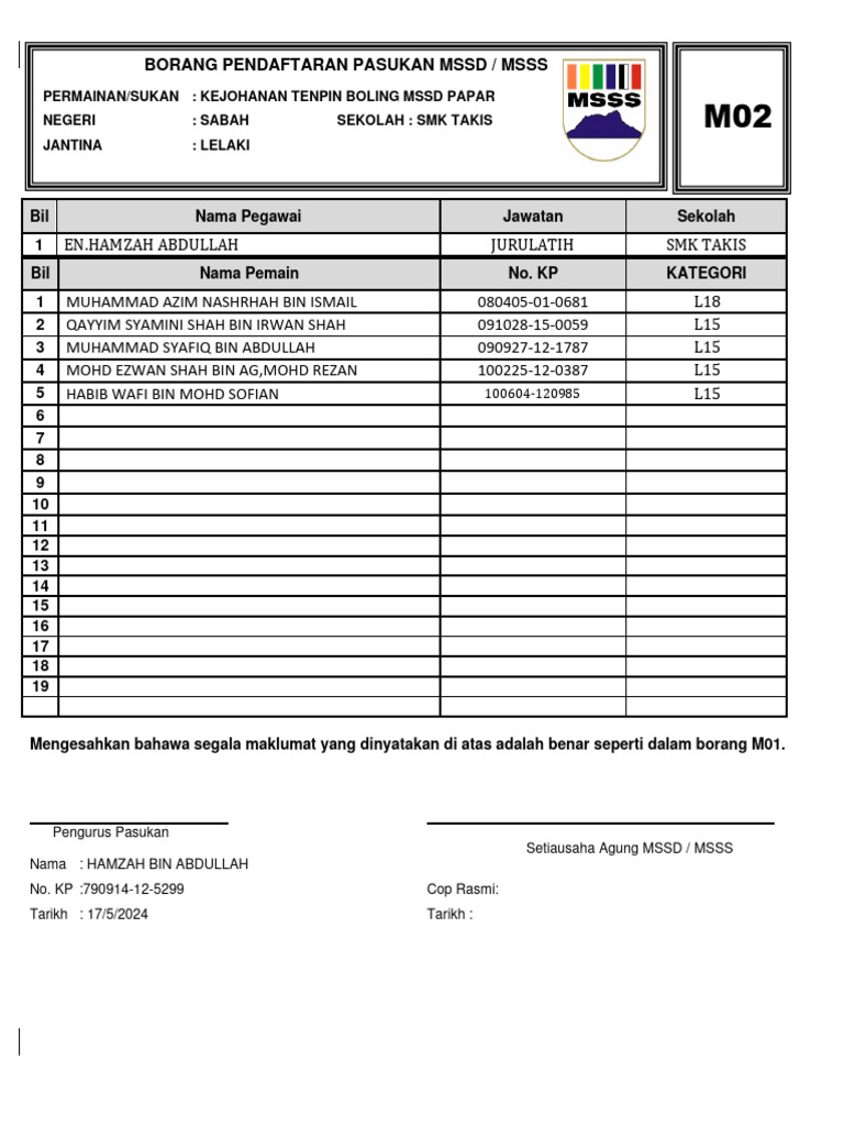 Borang M02 Bowling 2024 | PDF