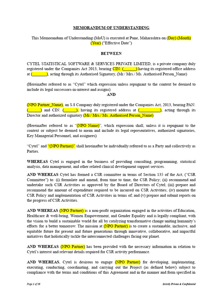Cytel - NPO Partner - MOU - Draft | PDF | Wash | Intellectual Property