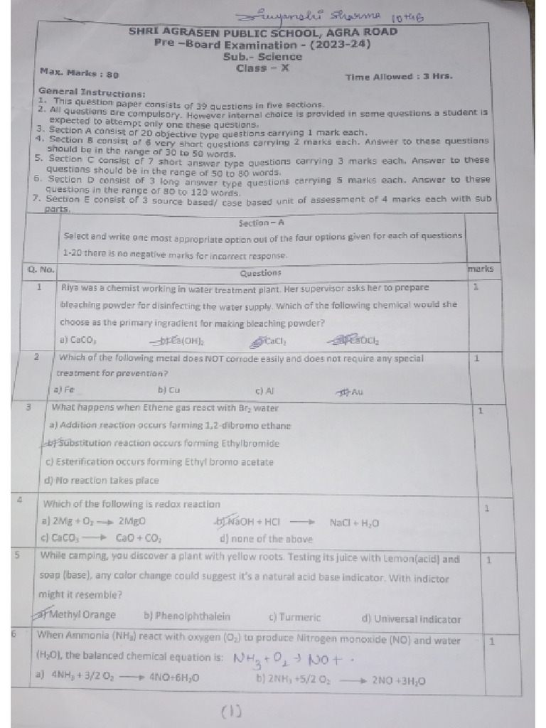Science Class 10th Pre-Board 1 | PDF